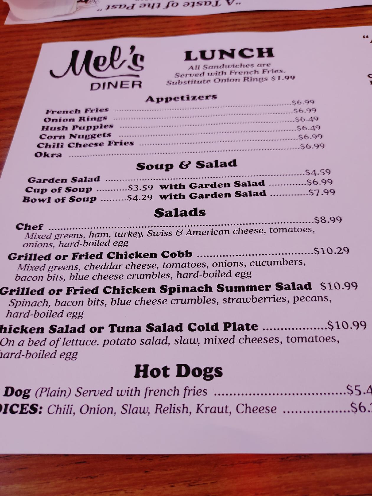 Menu at Mel's Diner restaurant, Grandy