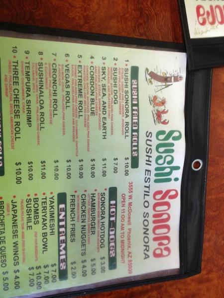 Menu at Sushi Sonora restaurant, Phoenix, N 32nd St