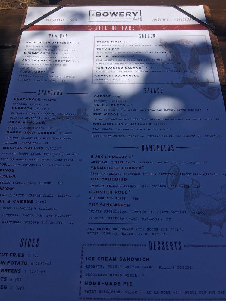 Menu at The Bowery Bar, Boston