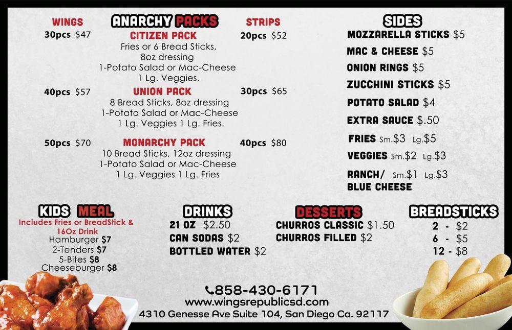 Menu at Wings Republic, San Diego