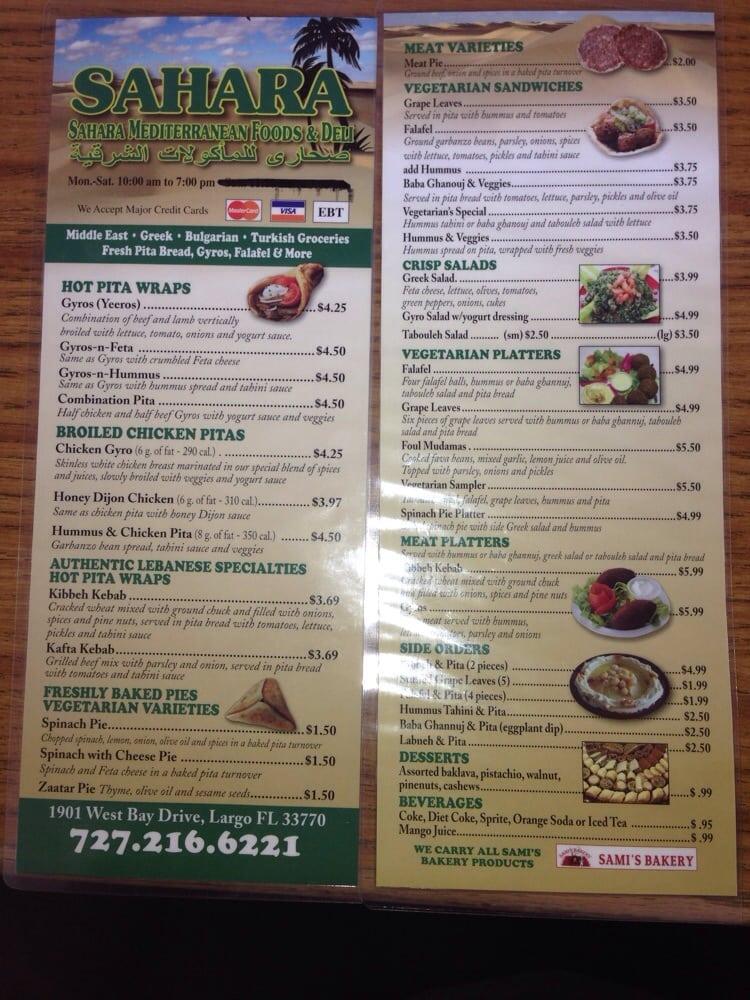 Menu at Sahara Mediterranean Fine Wine & Food restaurant, Largo