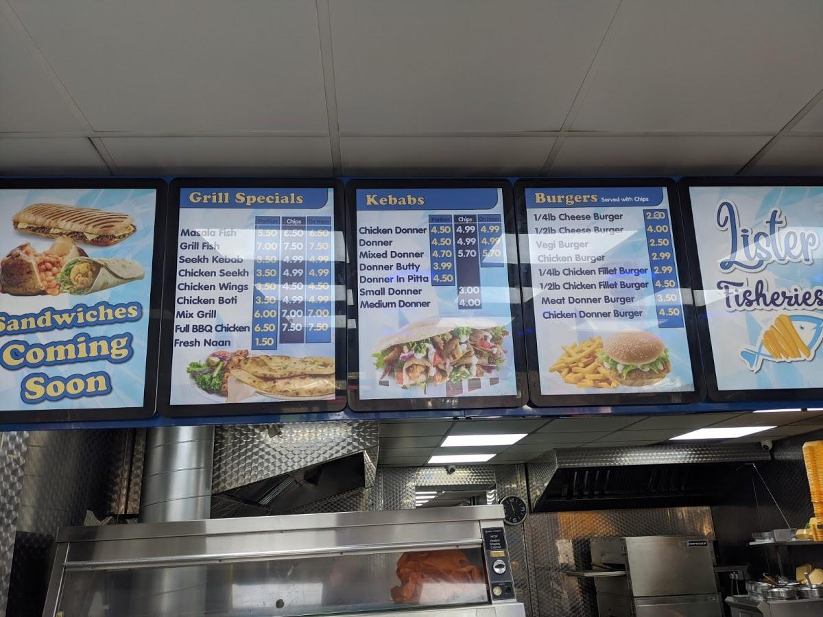 Menu at Lister Fisheries restaurant, Bradford