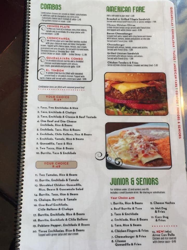 Menu at Los Primos Mexican restaurant, Hidden Valley
