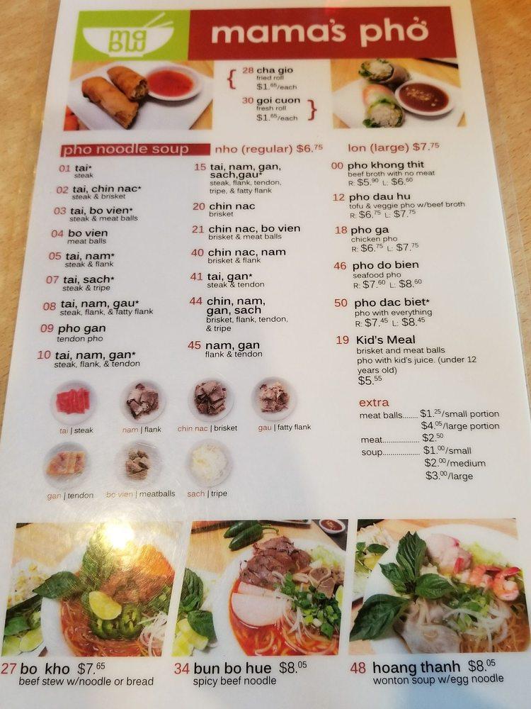 Menu at MaMa’s Pho restaurant, Lakewood