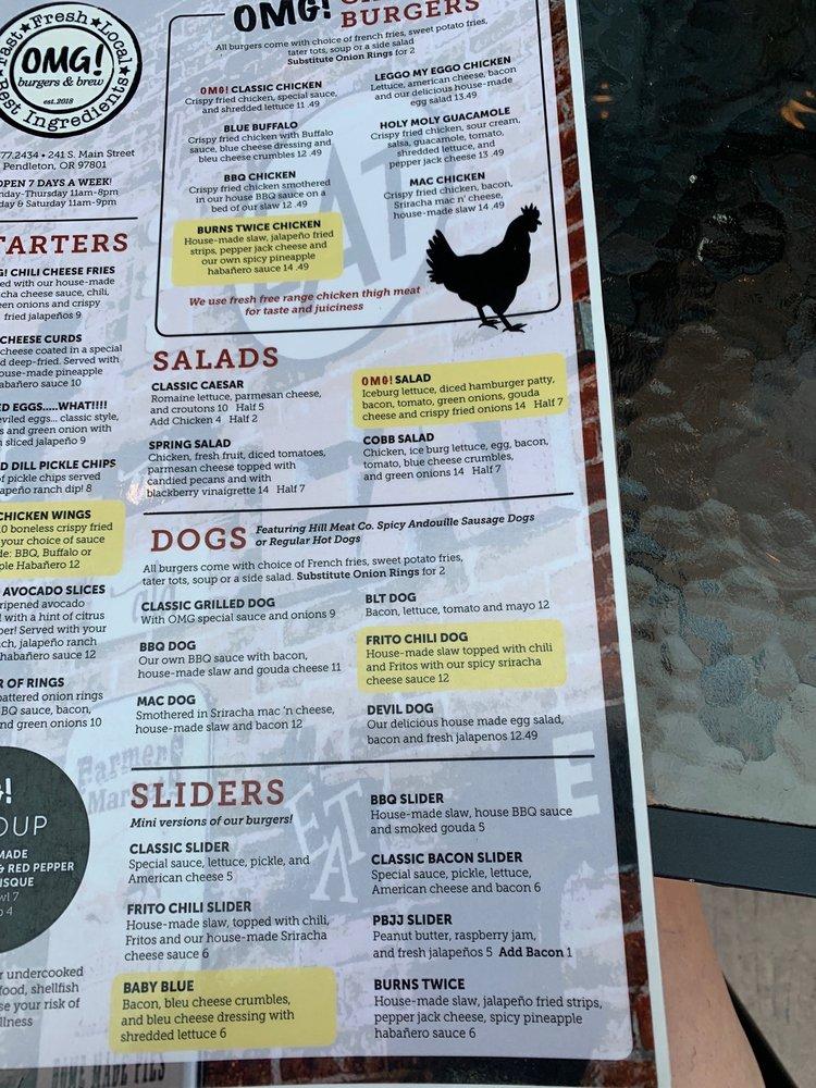 Menu at OMG! Burgers & Brew pub & bar, Pendleton