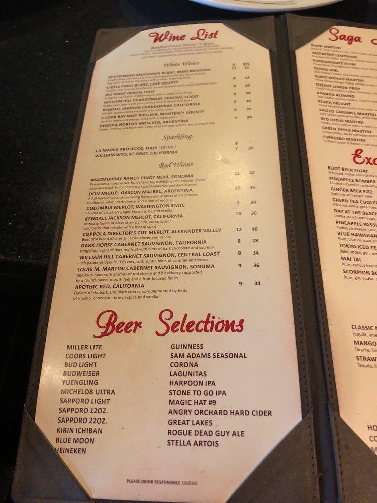 Menu at Saga Hibachi Steakhouse & Sushi, Bethel Park