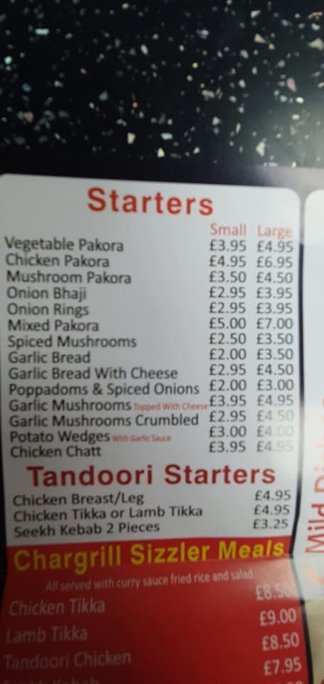 Menu at Sizzlers fast food, Greenock
