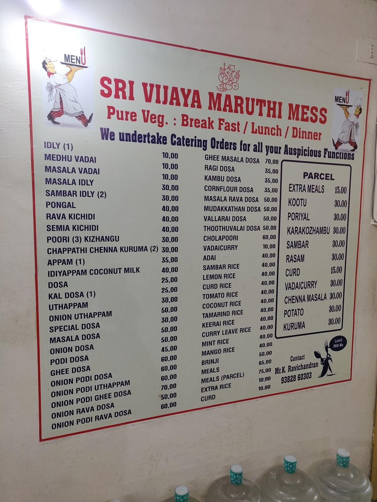 Menu at Sri Vijaya Maruthi Mess, Chennai