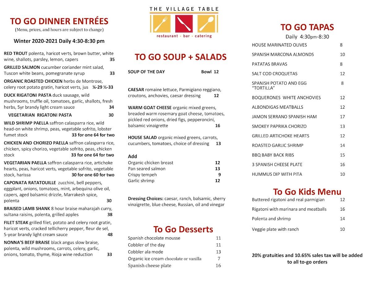Menu at The Village Table restaurant, Telluride