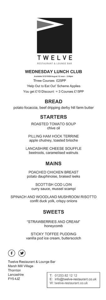 Menu at Twelve Restaurant and Lounge Bar, Blackpool