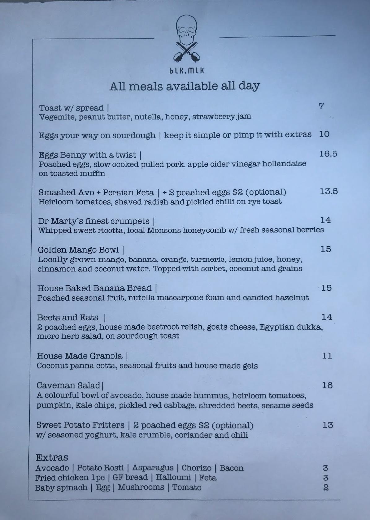 Menu at Blk.mlk Specialty Coffee cafe, Mildura