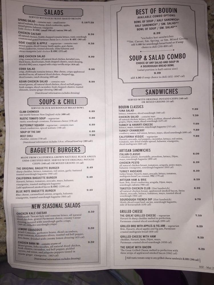Menu at Boudin SF cafe, Sacramento