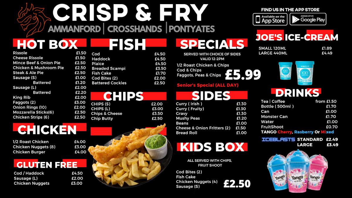 Menu at Crisp & Fry Pontyates restaurant, Llanelli, 19 Heol Llanelli