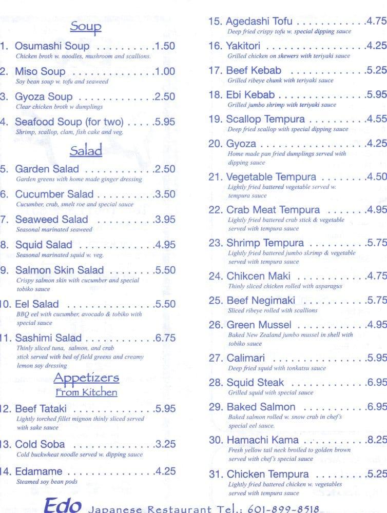 Menu at Edo Japanese Restaurant, Jackson