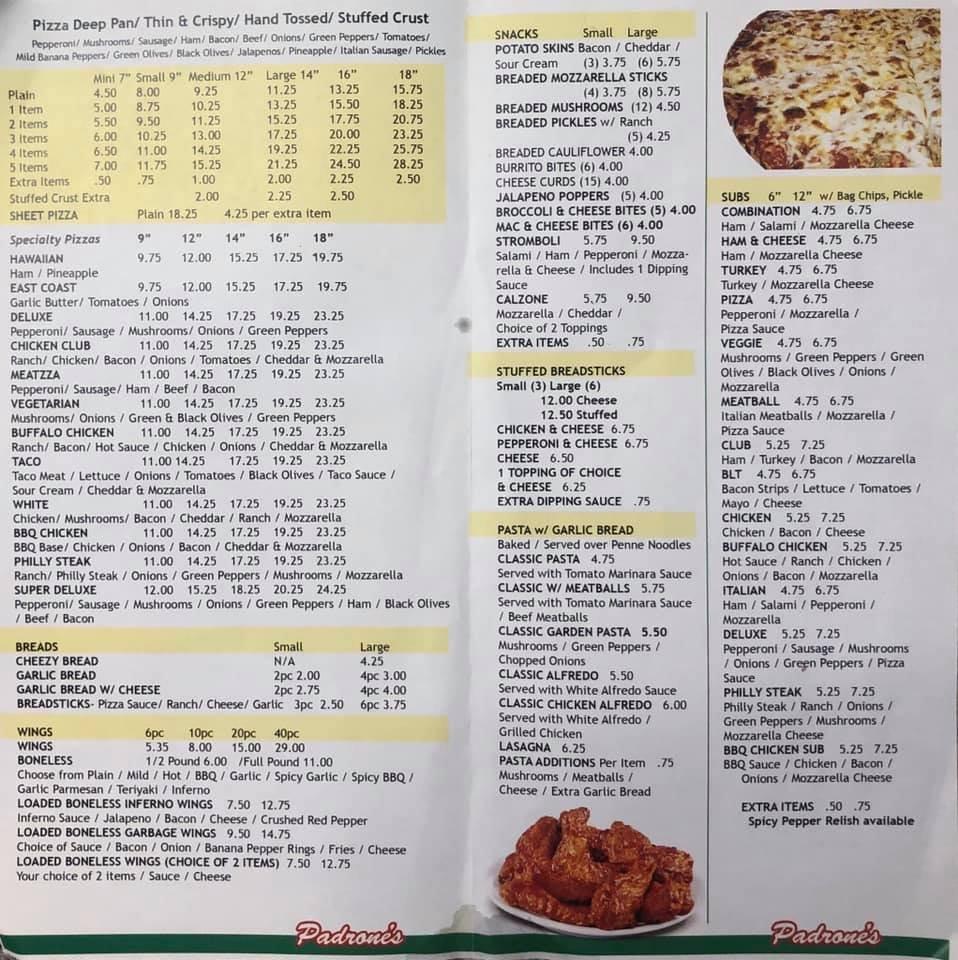 Menu at Padrone's Pizza pizzeria, Wapakoneta