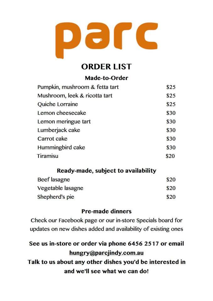 Carta de PARC. Cafe, Jindabyne, 49 Kosciuszko Rd