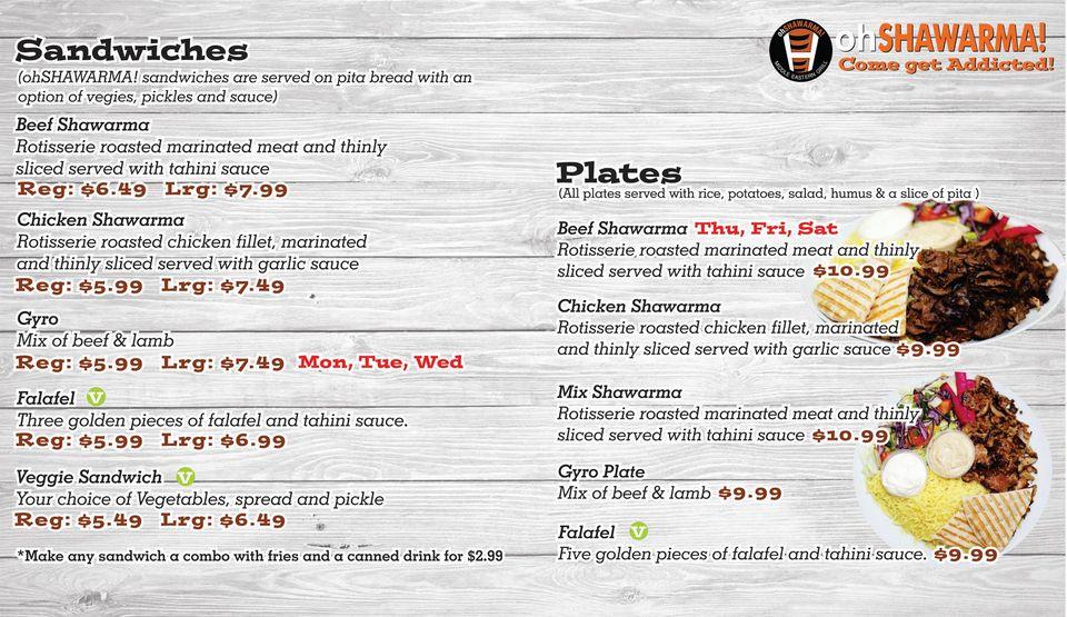 Menu at ohSHAWARMA restaurant, Courtice