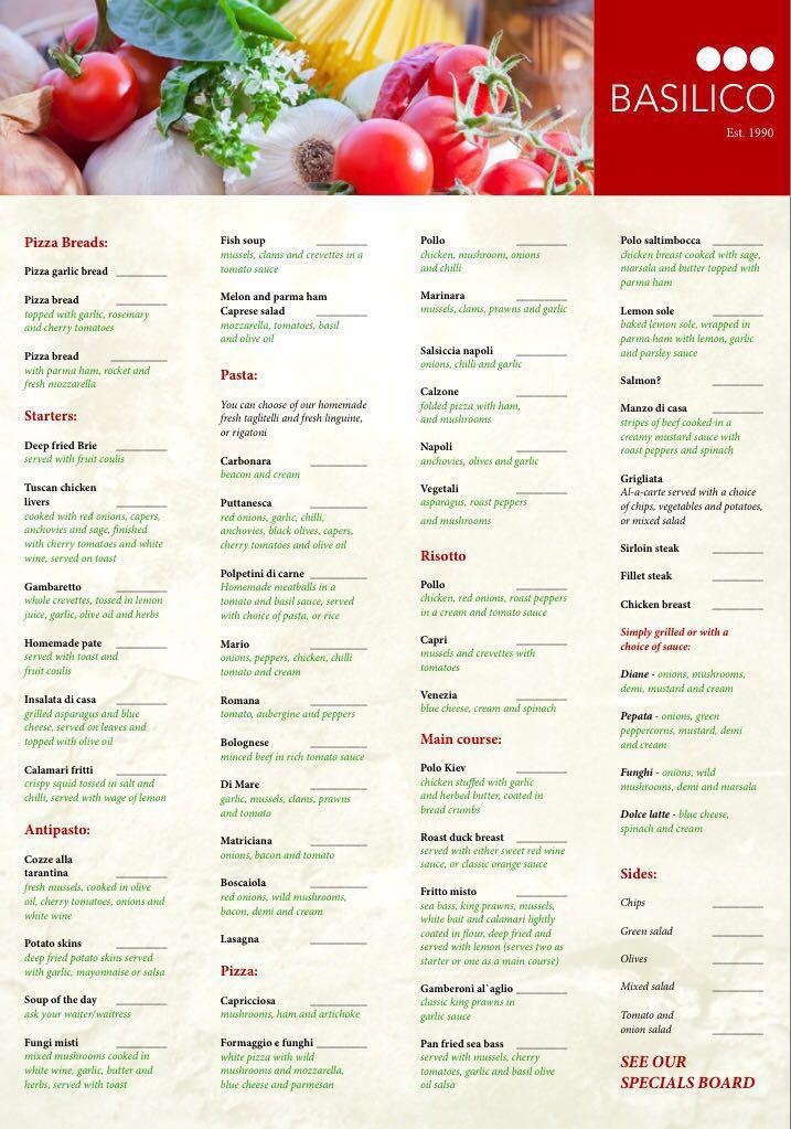 Menu at Basilico Ristorante restaurant, Newcastle upon Tyne