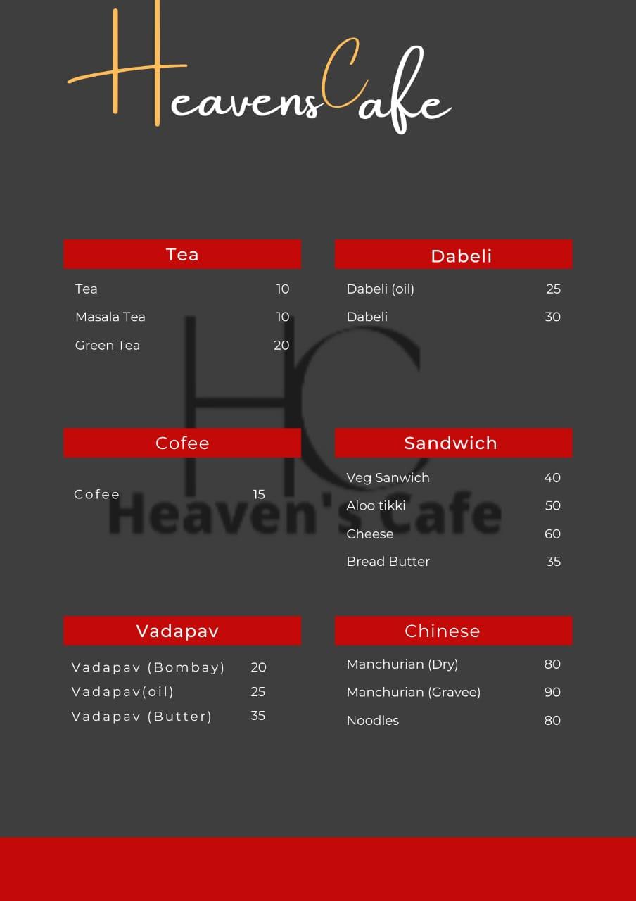 Menu at Heaven's Cafe, Gandhinagar