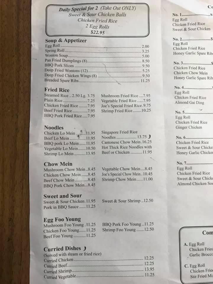 Menu at Joe Chow's restaurant, New Glasgow