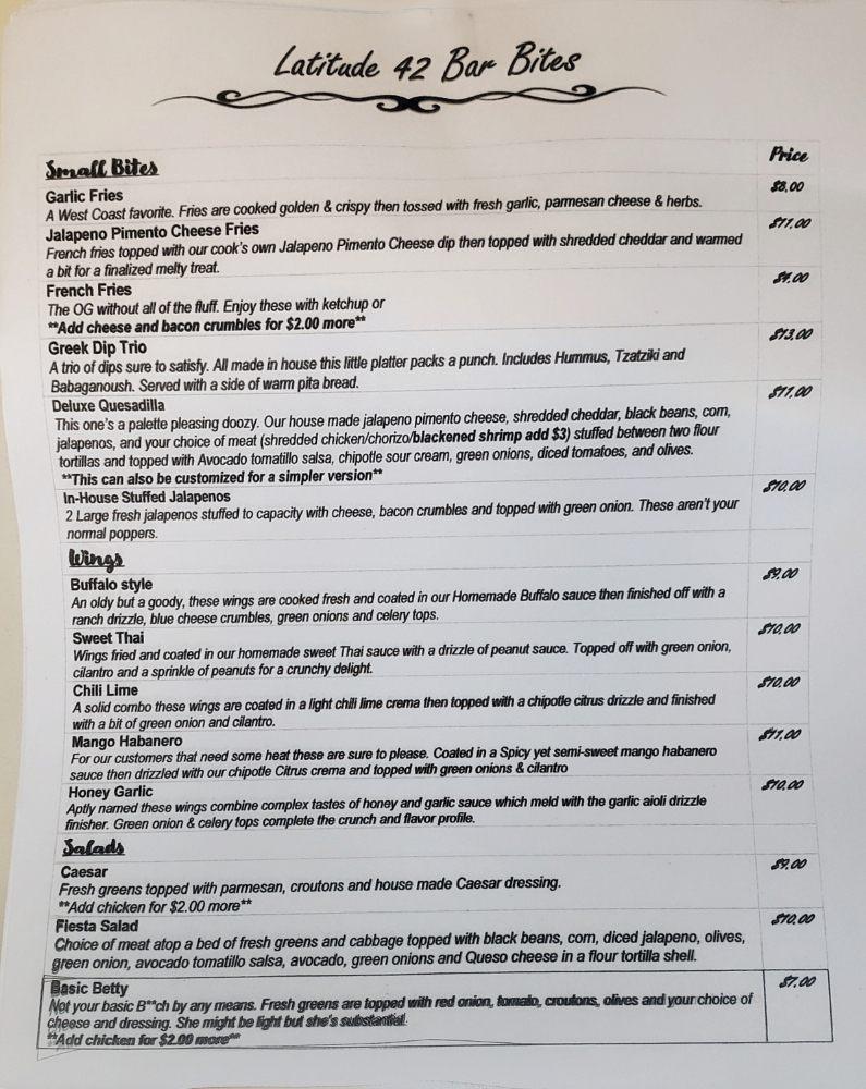 Menu at Latitude 42 Bar & Grill, Harbor
