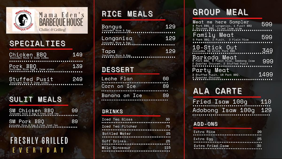 Menu at Mama Eden's Barbeque House, Calamba