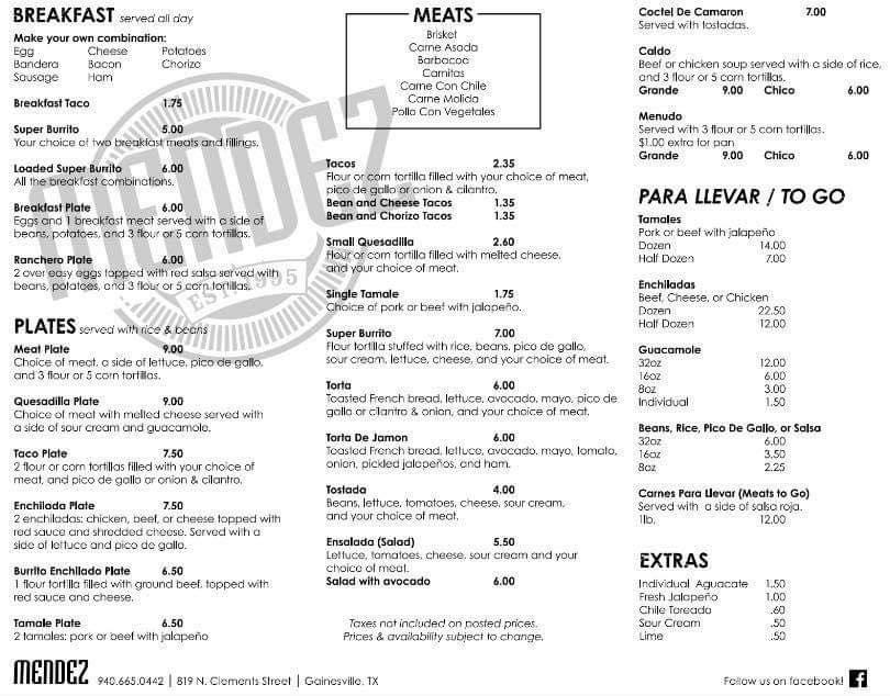 Menu at Mendez restaurant, Gainesville