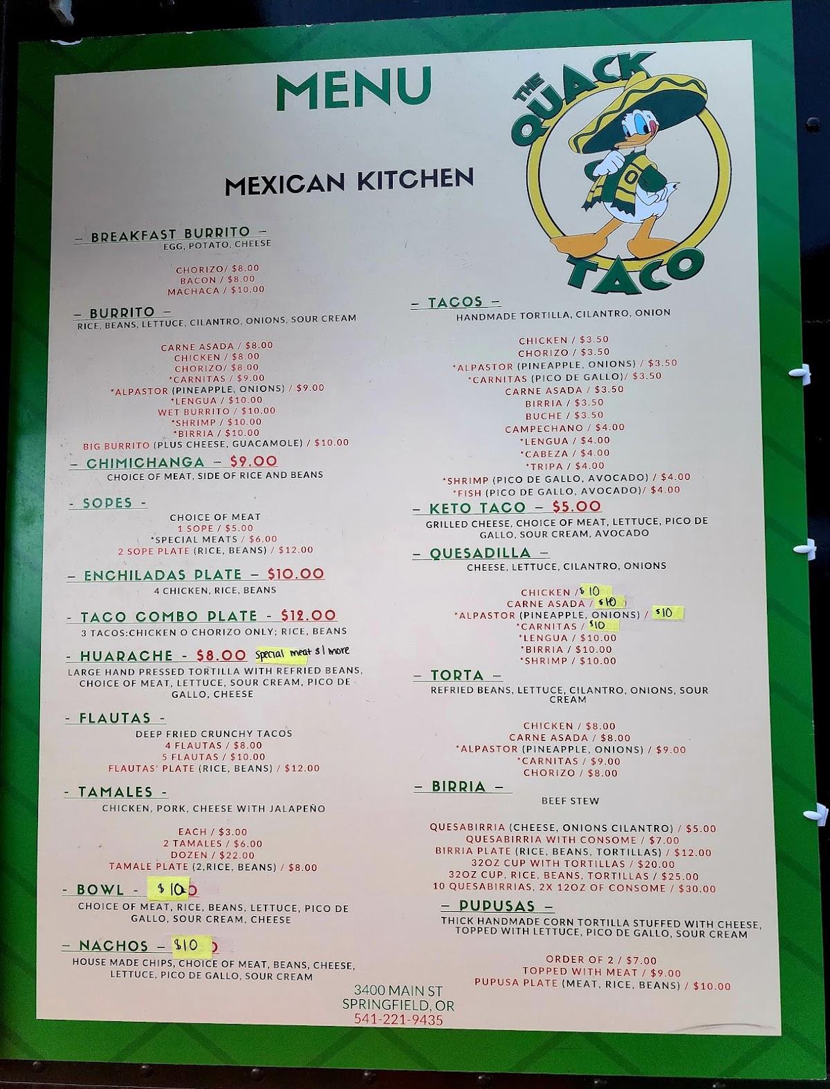 Menu at The Quack Taco restaurant, Springfield, Main St