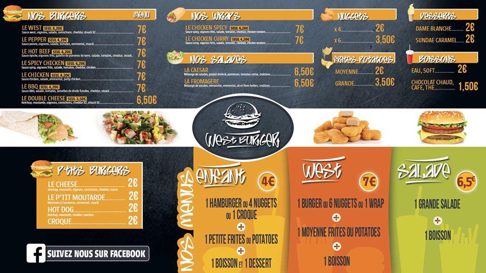 Menu at West Burger restaurant, Arras