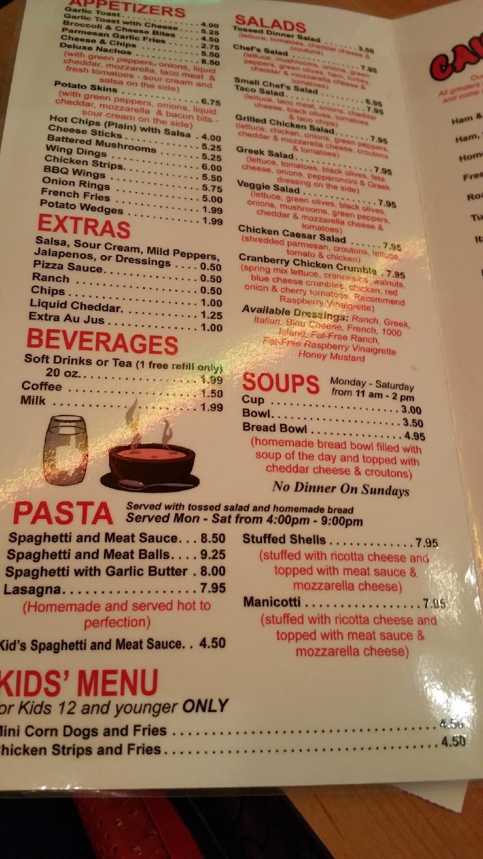 Menu at Cavoni's Pizza & Grinders pizzeria, Hillsdale