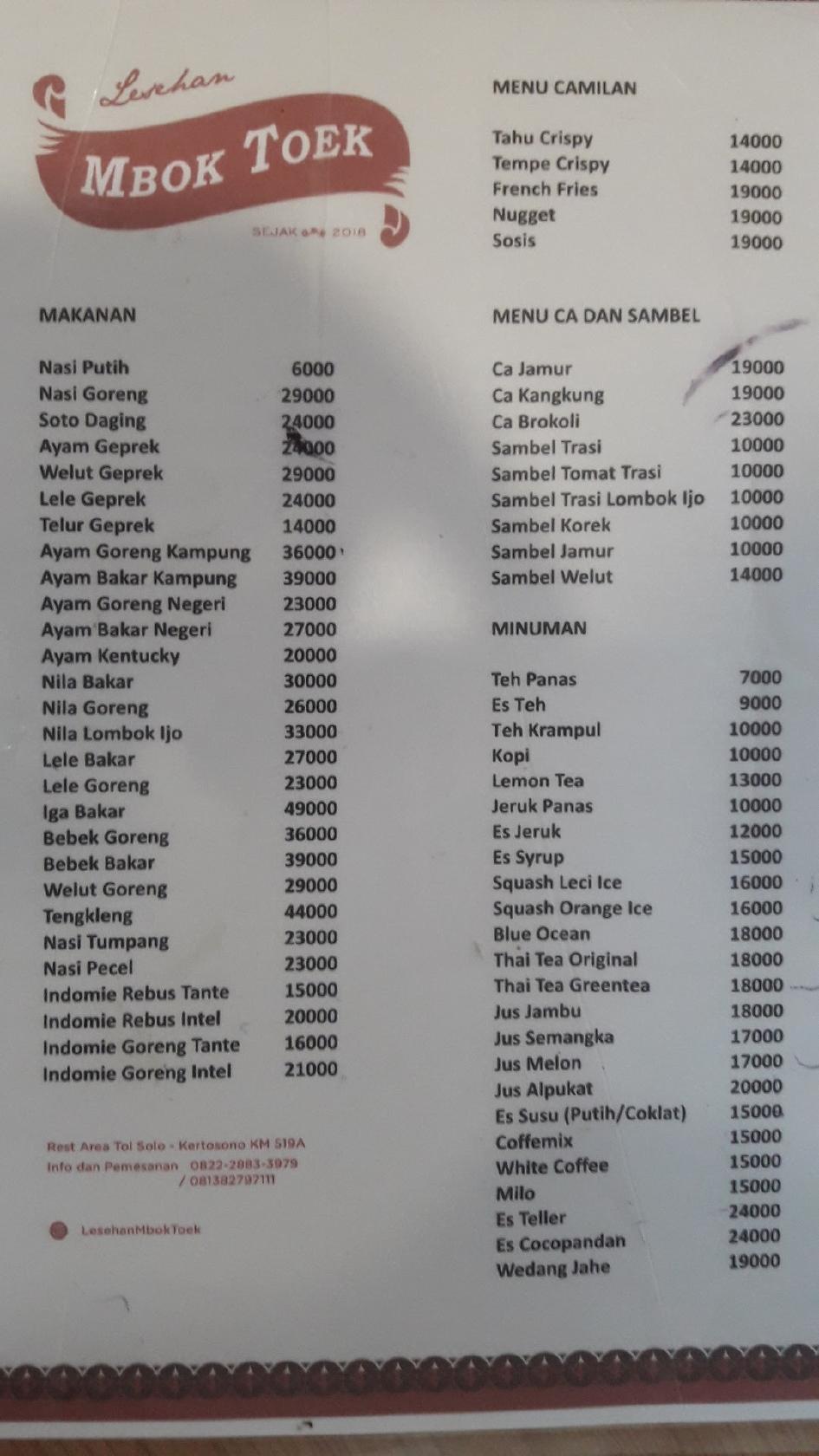 Carta de Lesehan MBOK TOEK, Karangmalang