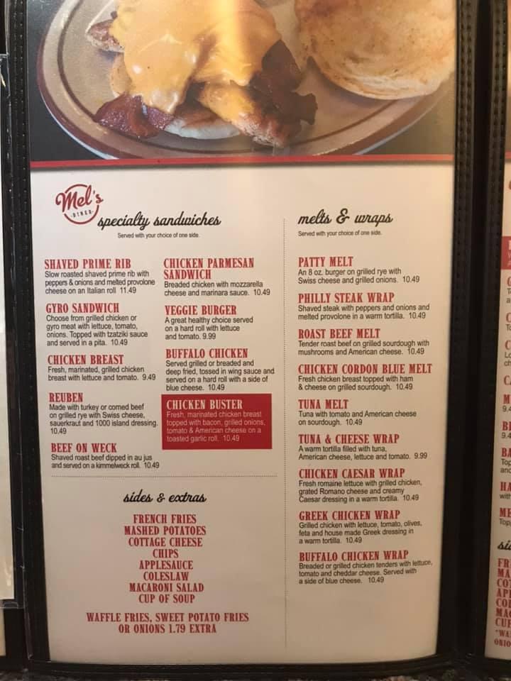 Menu at Mel's Diner cafe, Rochester, Mt Read Blvd