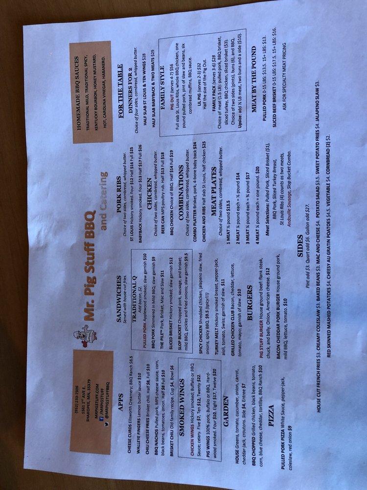 Menu at Mr. Pig Stuff pizzeria, Shakopee