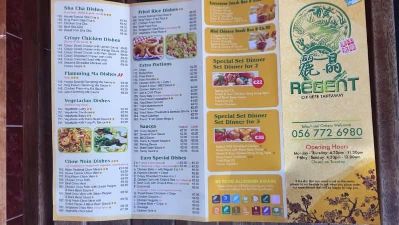Menu at Regent Chinese gowran, Gowran