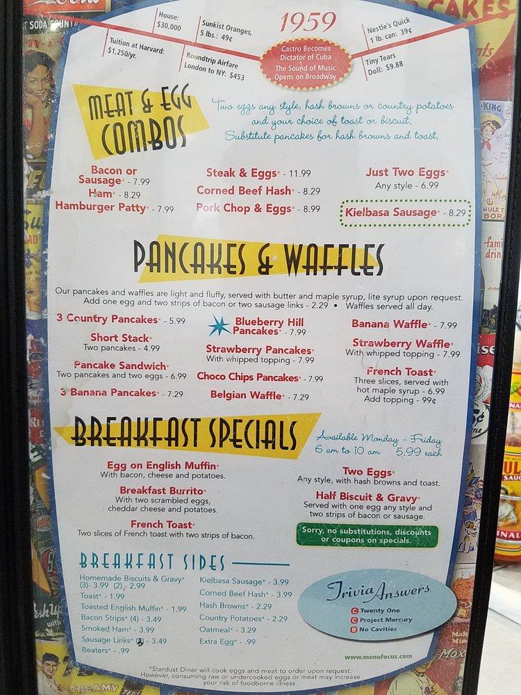 Menu at Stardust Diner cafe, Vancouver