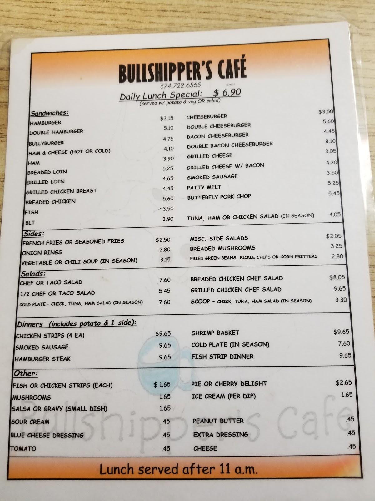 Menu at Bullshipper’s Cafe, Logansport, 830 E Main St