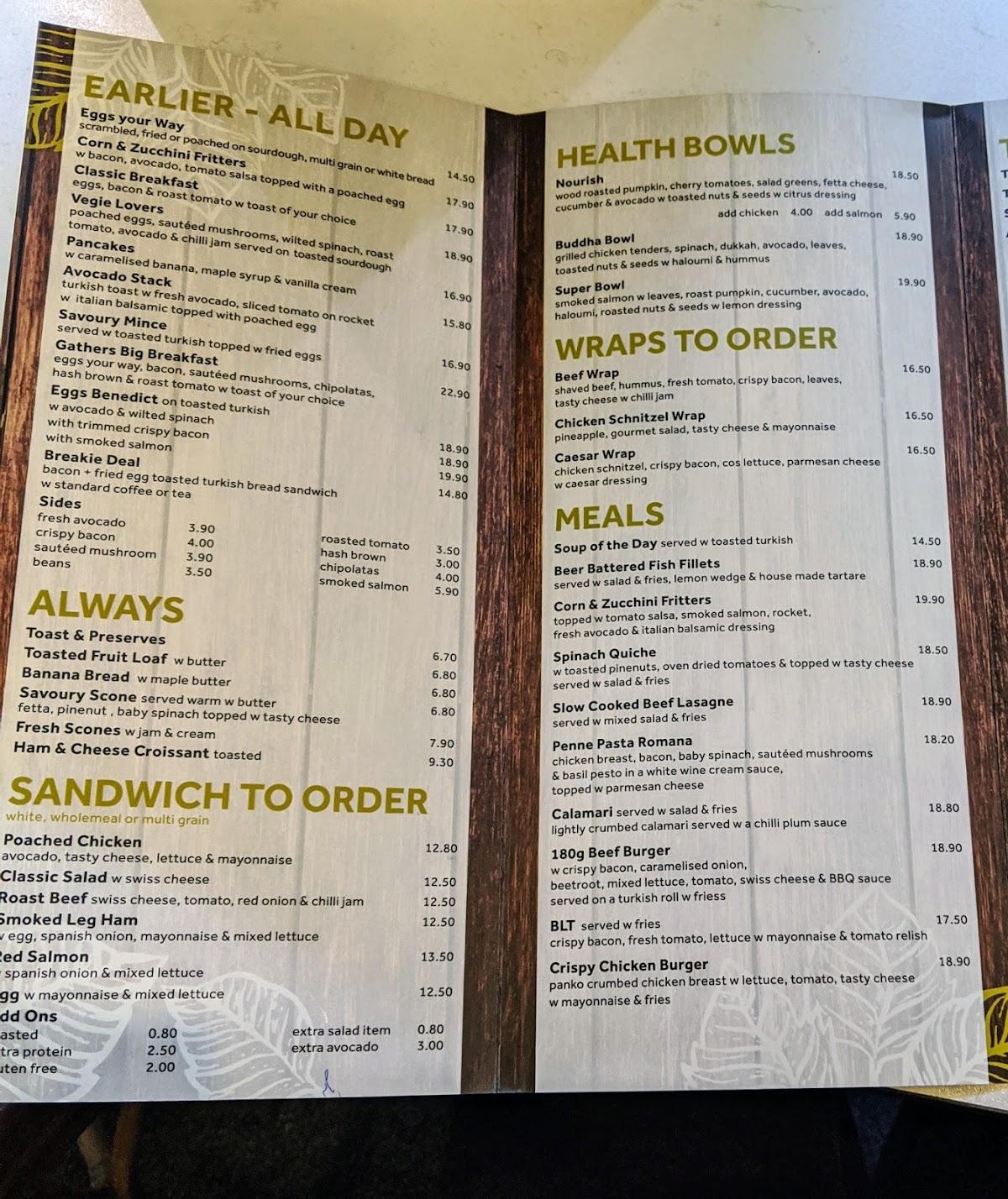 Menu at Gather Cafe, Kotara, Level 1