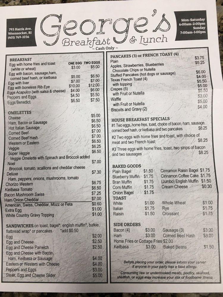 Menu at George's Breakfast & Lunch restaurant, Woonsocket