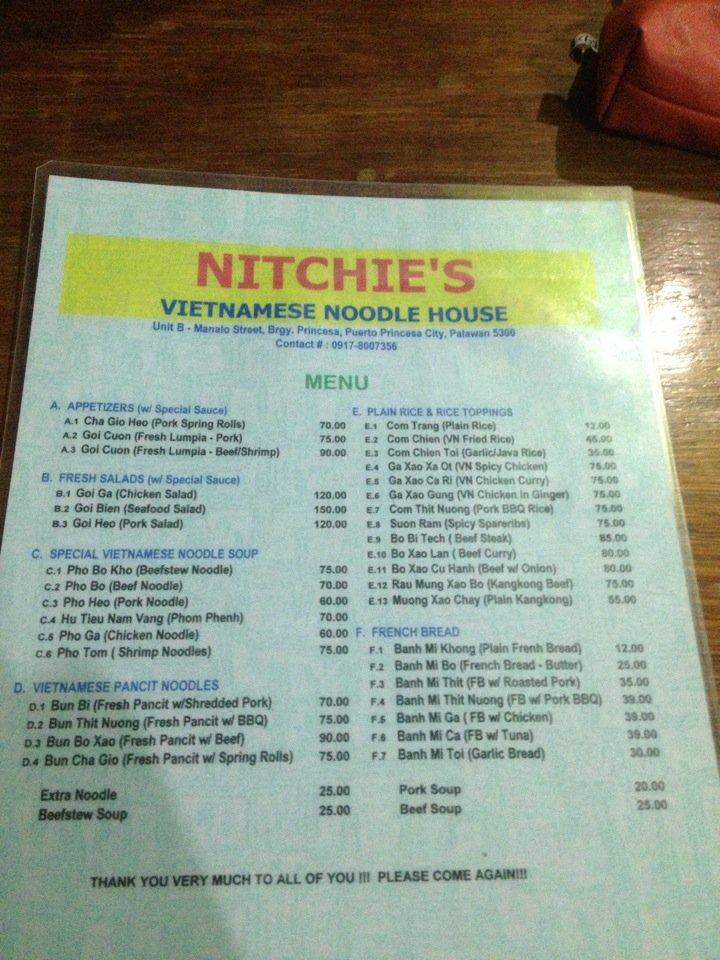 Menu at Nitchie's Restaurant, Puerto Princesa