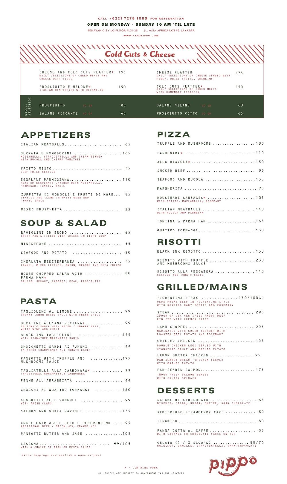 Menu at PIPPO ITALIAN pizzeria, Jakarta