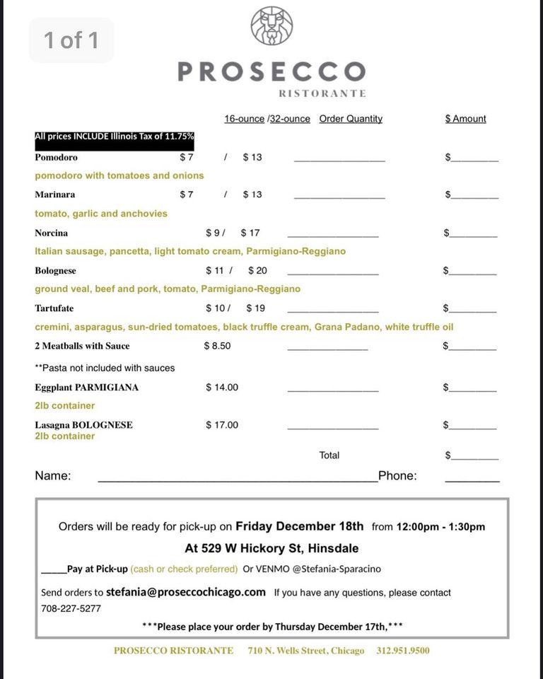 Menu at Prosecco pub & bar, Chicago