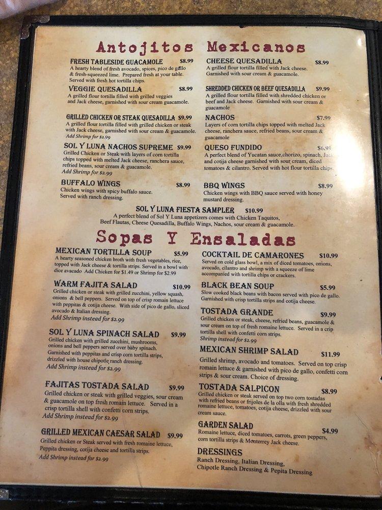 Menu at Sol Y Luna Cali-Mex Grill & Bar, Hendersonville, Brevard Rd