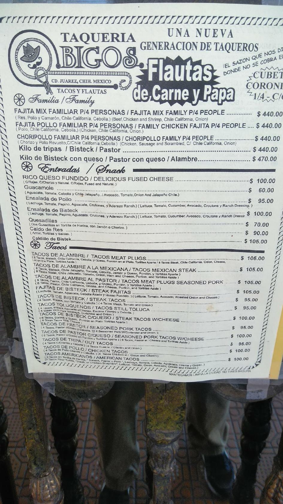 Menu at Taqueria "Bigos" restaurant, Ciudad Juarez, AV. INTERNACIONAL ...