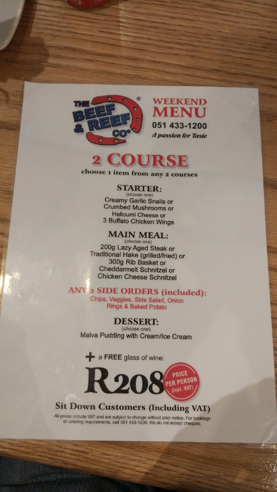 Menu at The Beef 'n Reef restaurant, Bloemfontein, Kenneth Kaunda Rd