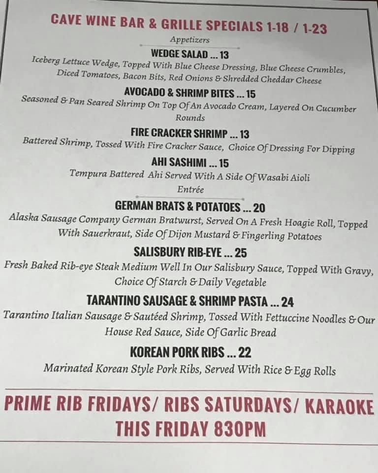 Menu at The Cave steakhouse, Delta Junction