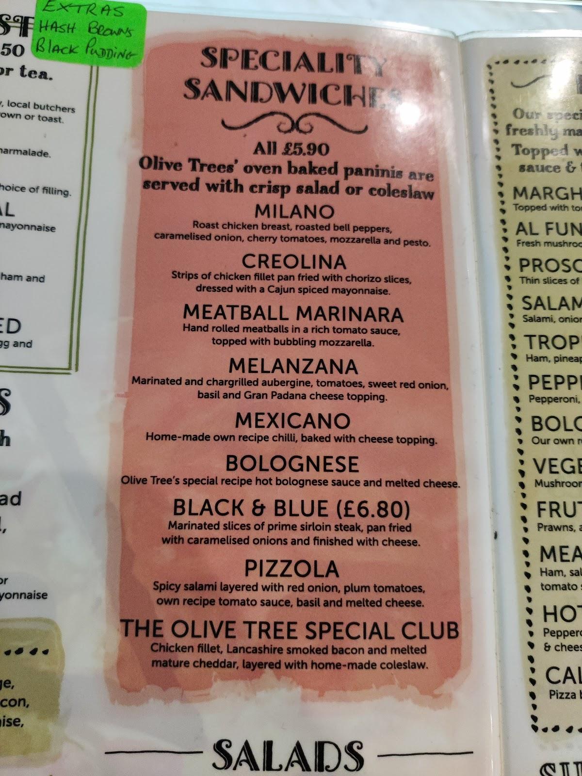 Carta del café The Olive Tree, Tarleton