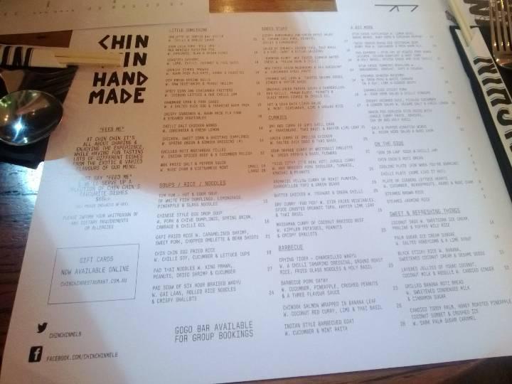 Menu at Chin Chin restaurant, Melbourne