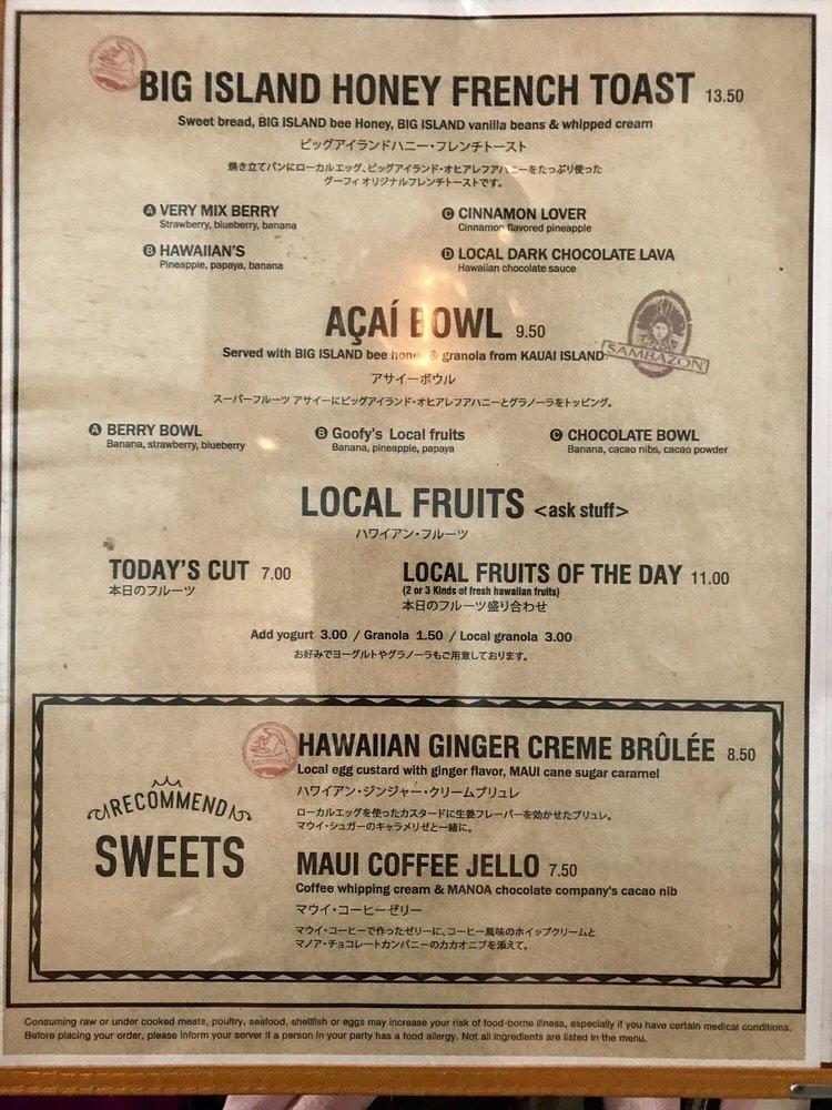 Menu at Goofy Cafe & Dine, Honolulu