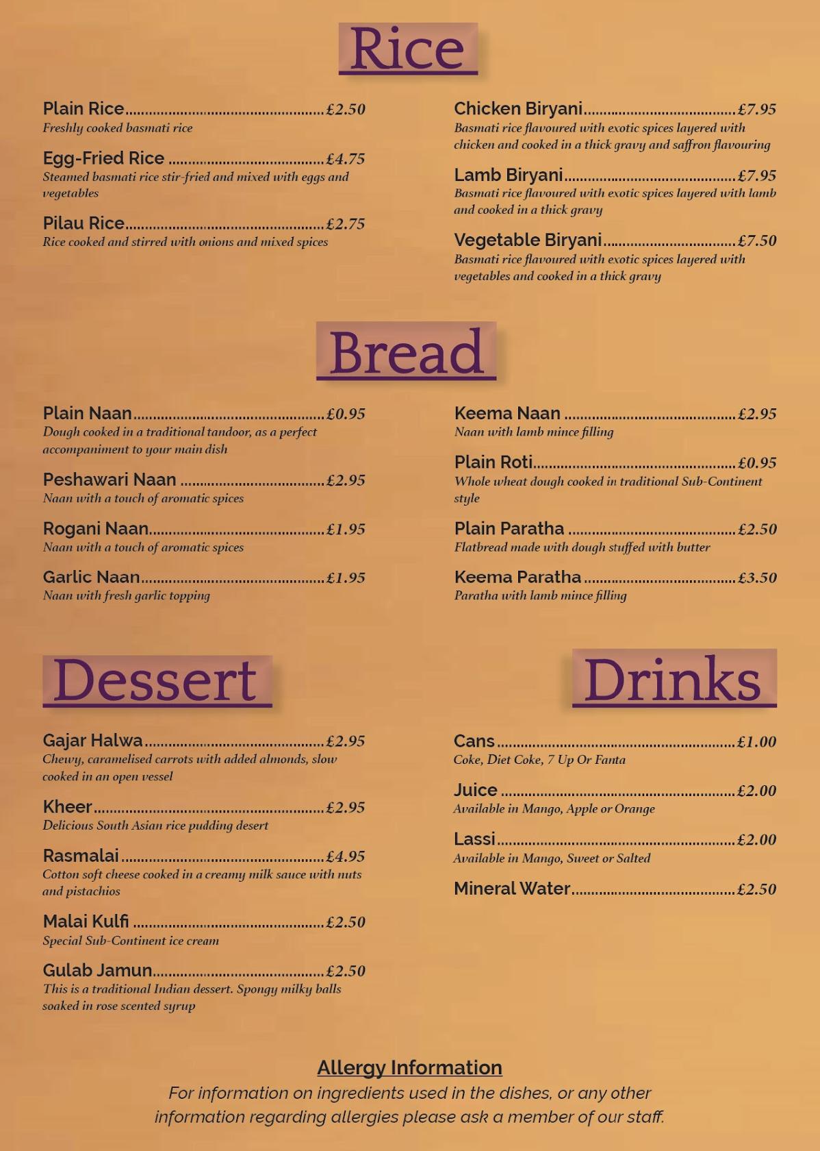 Menu at Indus Valley Cuisine restaurant, London