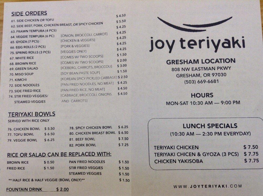 Menu at Joy Teriyaki restaurant, Gresham, 808 NW Eastman Pkwy
